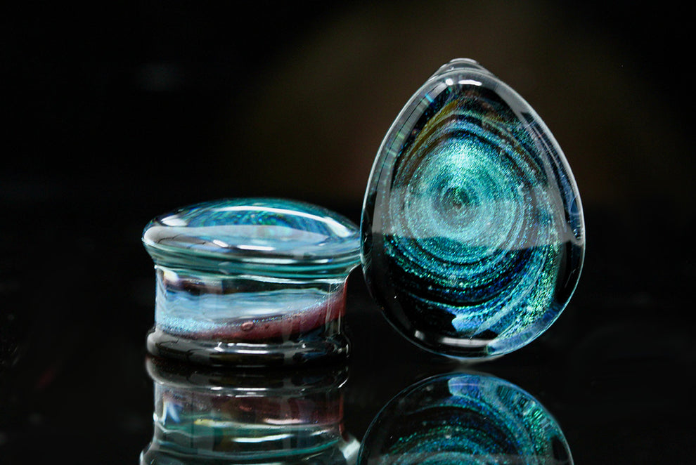 Blue Cosmos Glass Teardrop Plugs - (Pair) - G057 – Two Feather Plugs