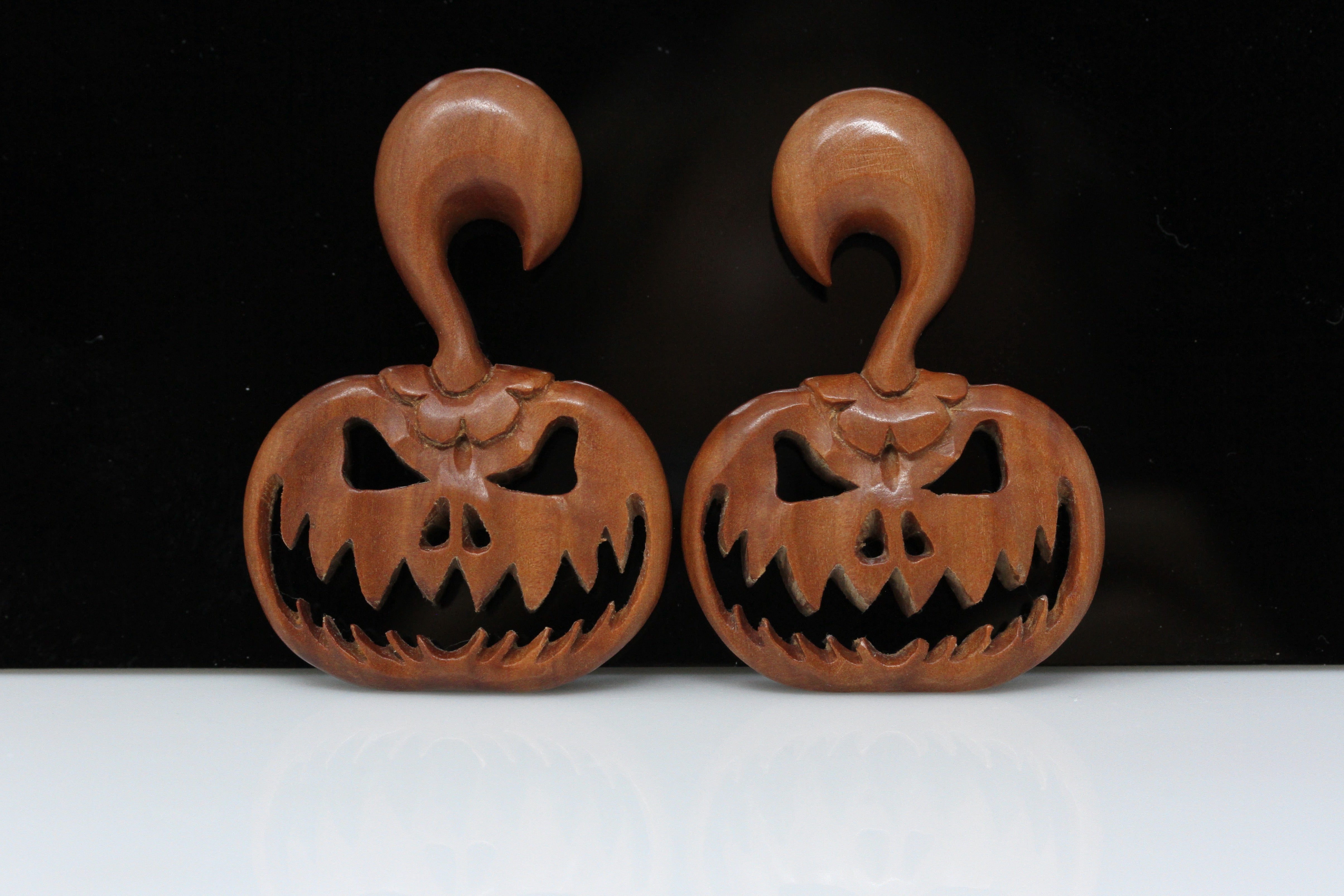 Carved Wood Pumpkin Hangers - Hand Carved Plugs (Pair) - A071 – Two ...
