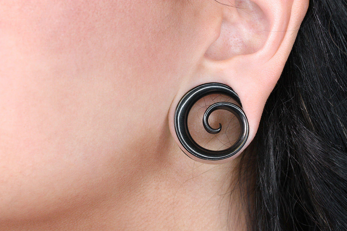 Black Spiral Stainless Steel Tunnels Pair PSS209 12mm 15 32