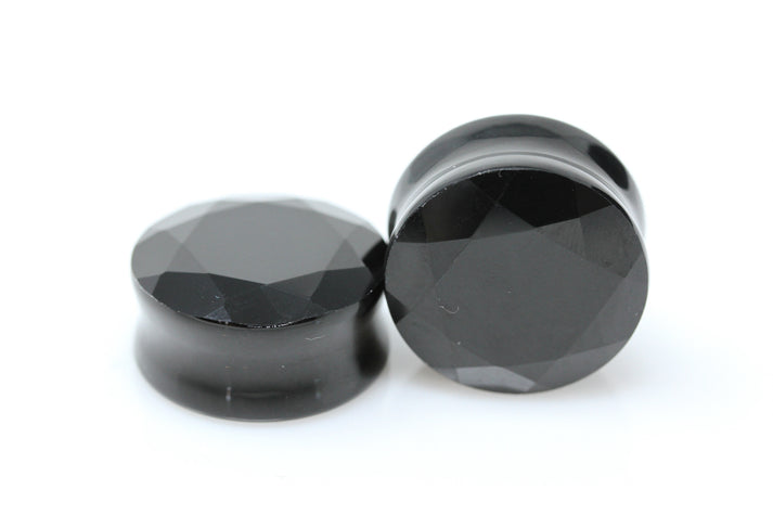 Black Glass Faceted Cut Plugs - (Pair) - PH104 – Two Feather Plugs
